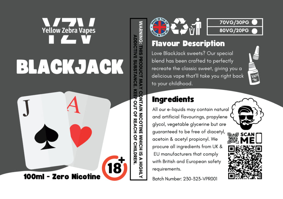 100ml Black Jack Flavoured e-liquid – Yellow Zebra Vapes